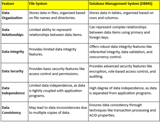 Key Difference Between File System and DBMS