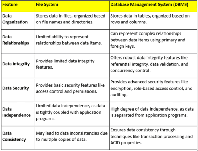 Key Difference Between File System and DBMS